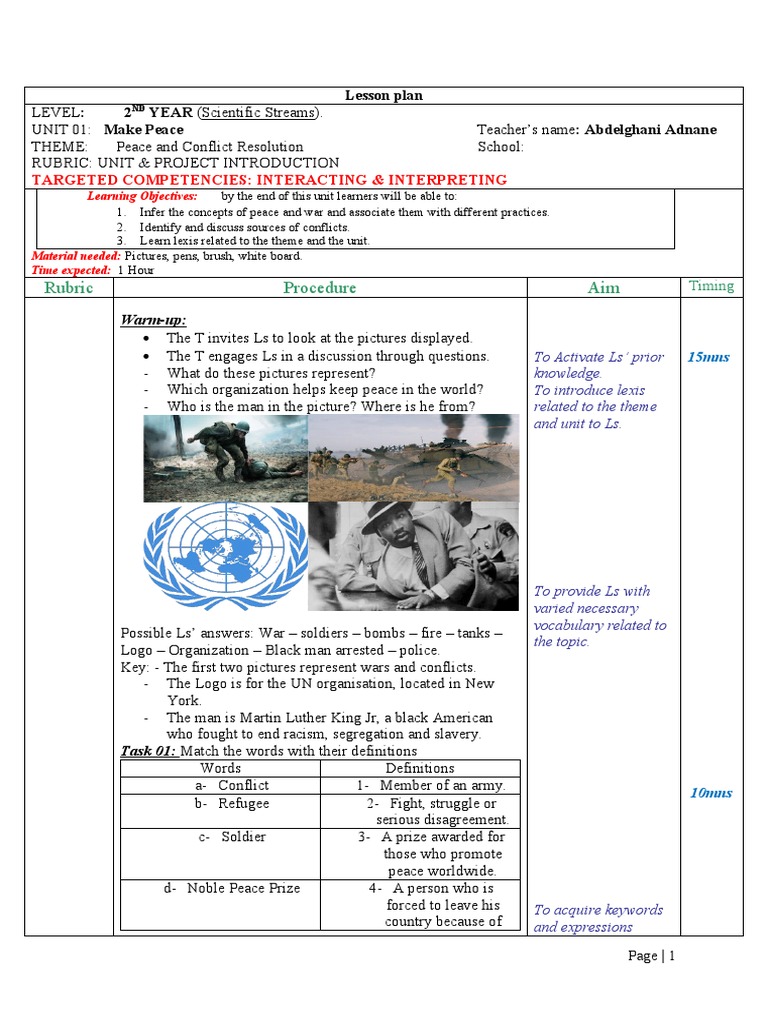 Unit 1: Make Peace Lesson Plan | PDF