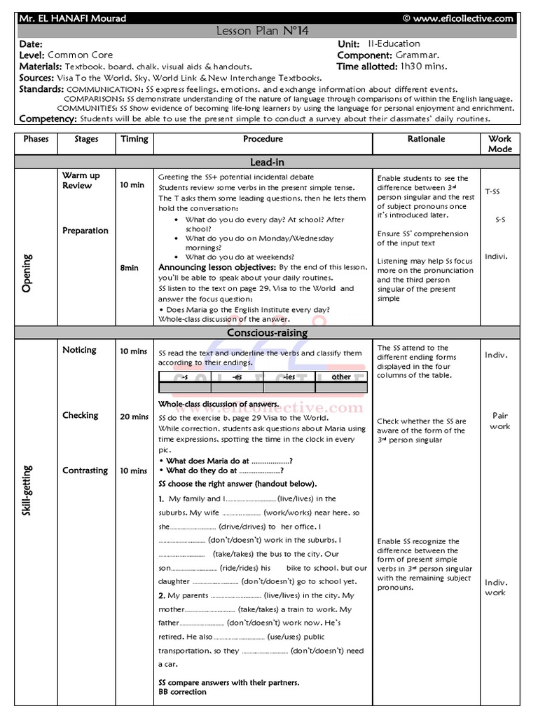 Lesson Plan 14 C.C. Unit 2 The Present Simple For Daily Routines | PDF