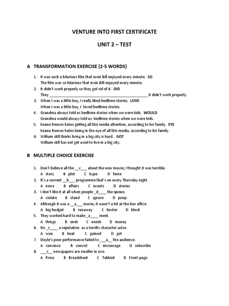 Venture Into First Certificate Unit 2 | PDF