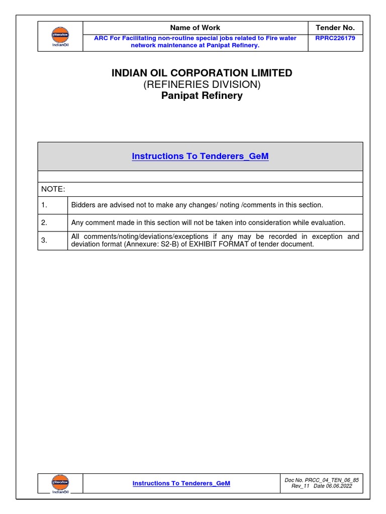 Panipat Refinery Fire Water Maintenance Tender | PDF | Business ...