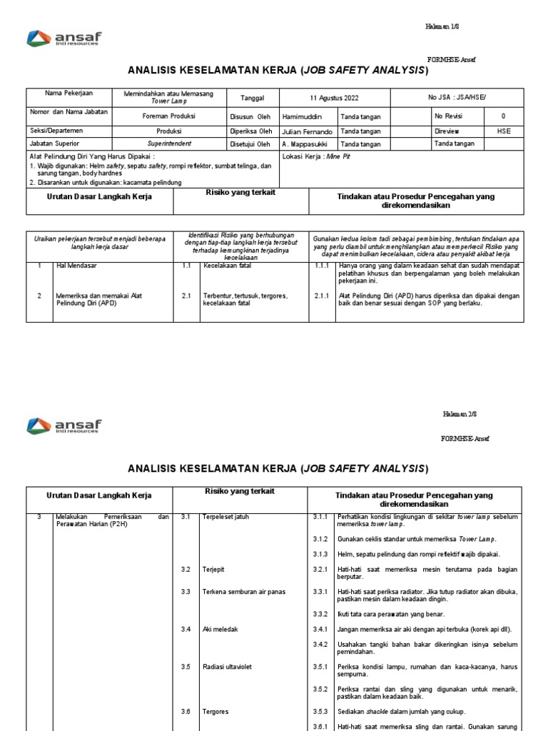 JSA Memindahkan Atau Memasang Tower Lamp | PDF
