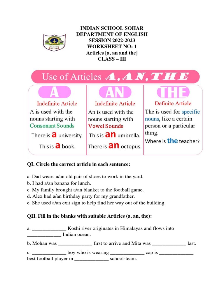 Articles (Worksheet 1 - Class III) | PDF