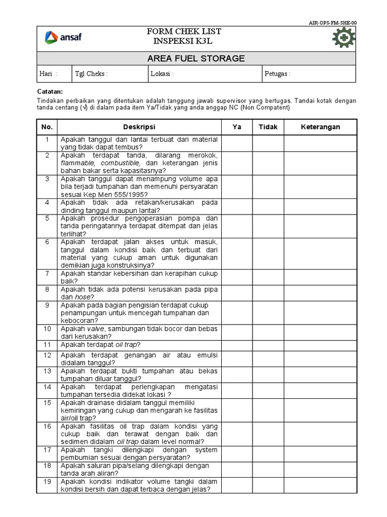 FORM-09 Inspeksi Fuel Storage | PDF