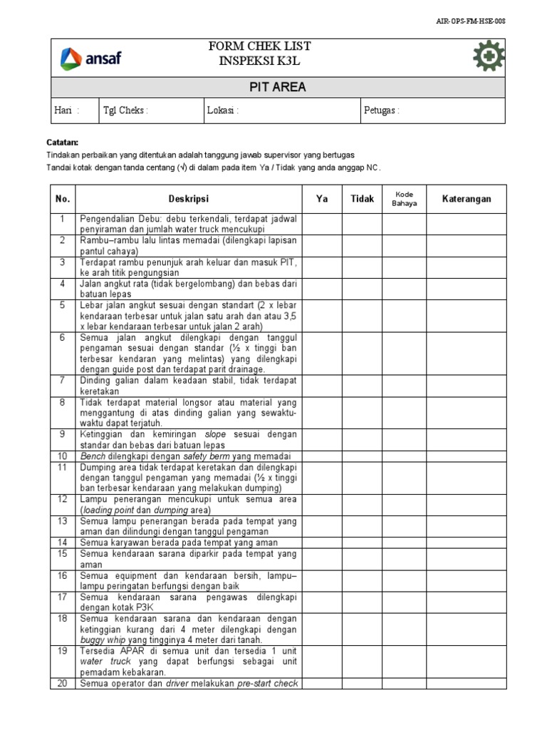 FORM-06 Inspeksi PIT Area | PDF