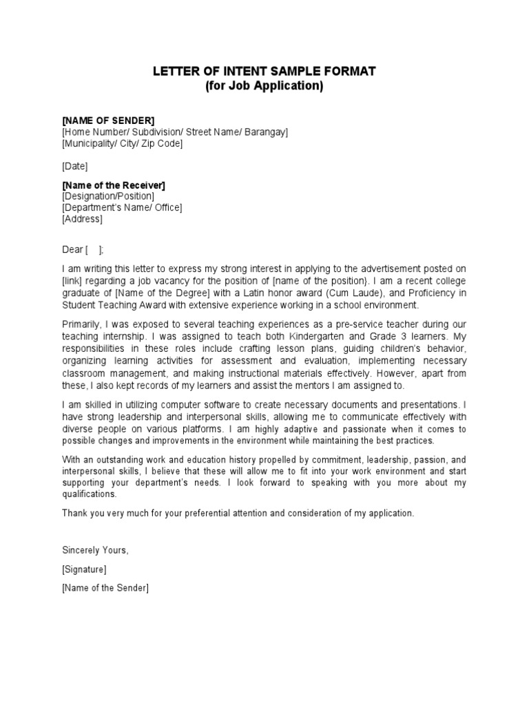 Letter of Intent Sample Format Editable (Ace Job Application 2022 | PDF