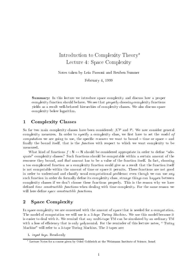 Introduction To Complexity Theory Lecture 4 Space Complexity Pdf Computational Complexity