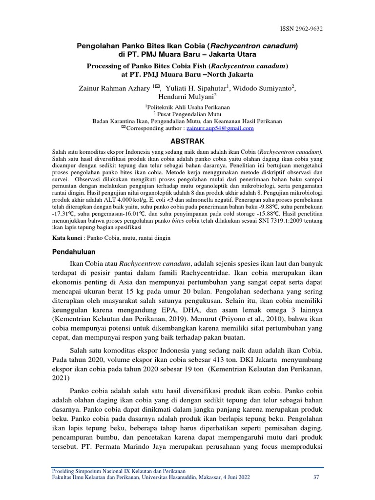 PROSES PENGOLAHAN PANKO BITES IKAN COBIA DI PT. PMJ MUARA BARU | PDF