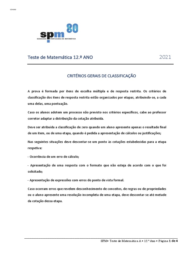 Teste Nacional SPM 12.º Ano - Critérios | PDF | Equações | Matemática