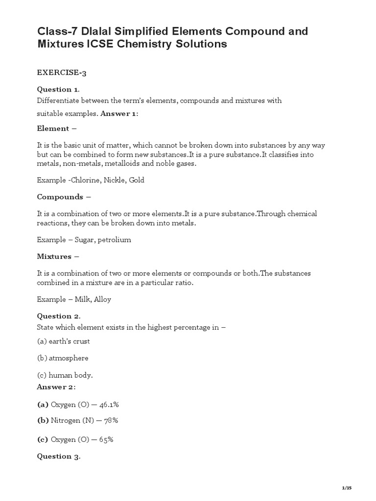 Class-7 Dlalal Simplified Elements Compound and Mixtures ICSE Chemistry Solutions | Download ...