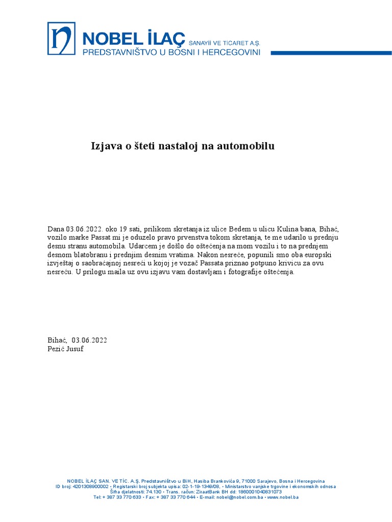 Izjava o Šteti Nastaloj Na Automobilu | PDF