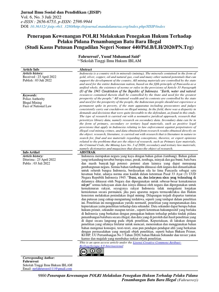 Penerapan Kewenangan POLRI Melakukan Penegakan Hukum Terhadap Pelaku Pidana Penambangan Batu ...