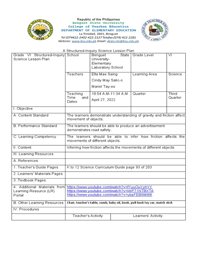 A Structured Inquiry Science Lesson Plan | PDF | Friction | Learning
