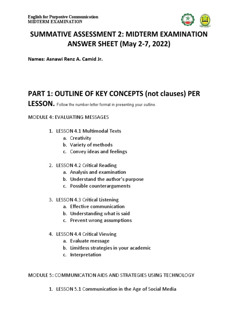 Summative Assessment 2 Midterm Examination | PDF