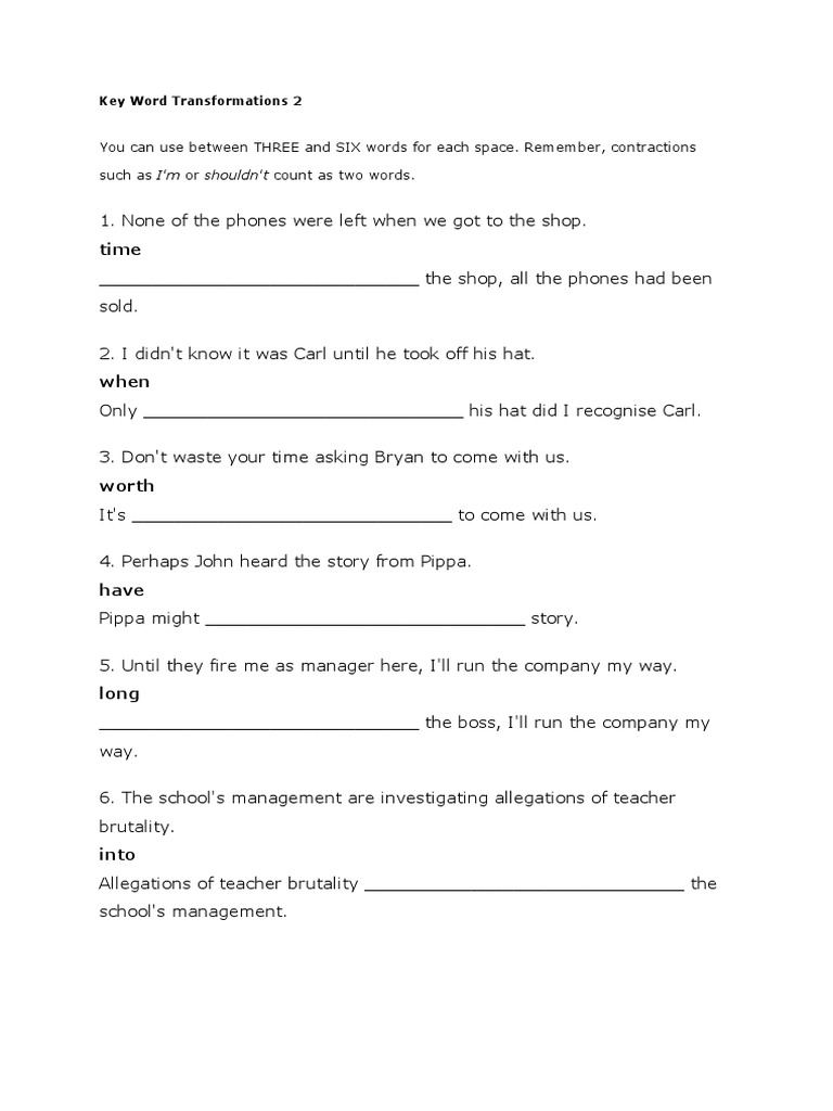 Key Word Transformations 2 | PDF | Home & Garden | Mystery, Thriller ...