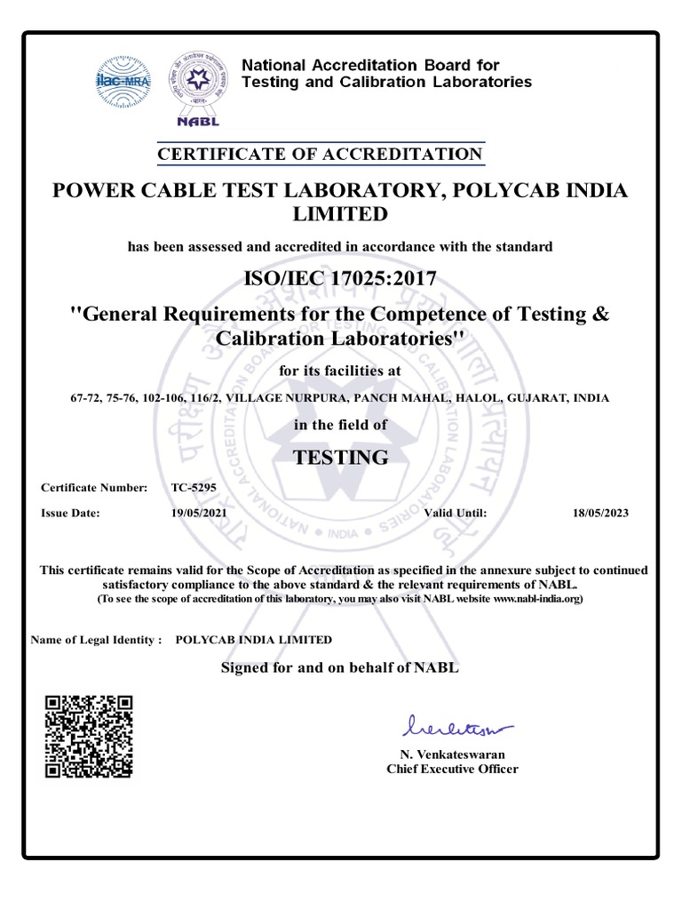 Polycab Cable Test Lab Accreditation | PDF