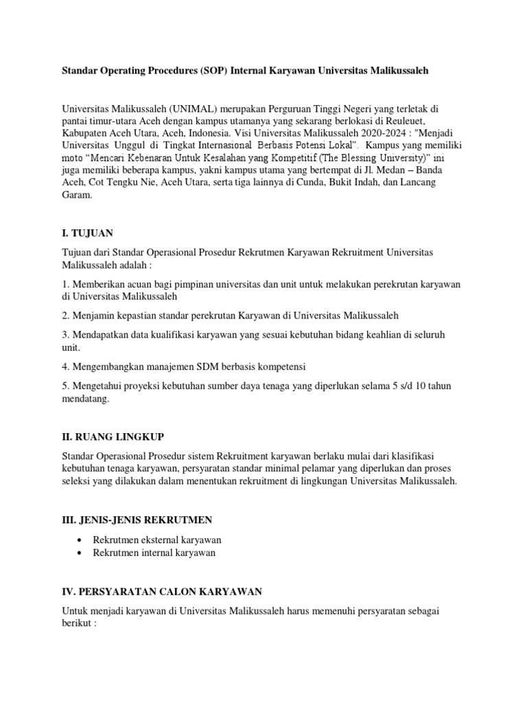 Standar Operating Procedures UNIMAL | PDF
