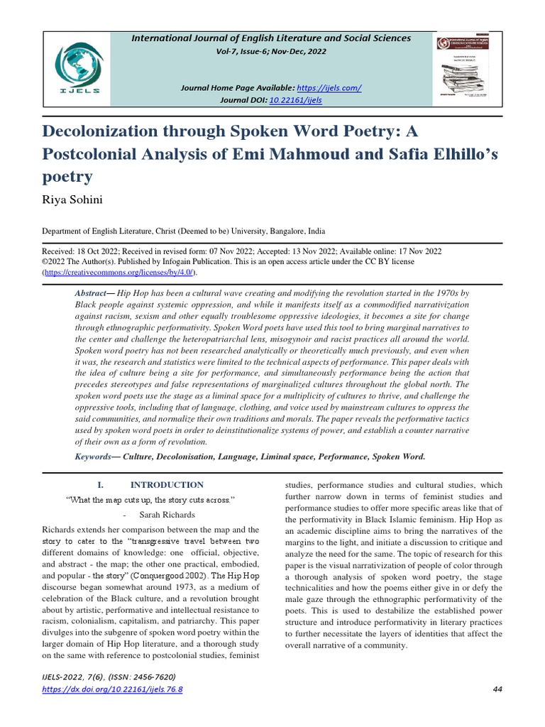 Decolonization Through Spoken Word Poetry: A Postcolonial Analysis of Emi Mahmoud and Safia ...