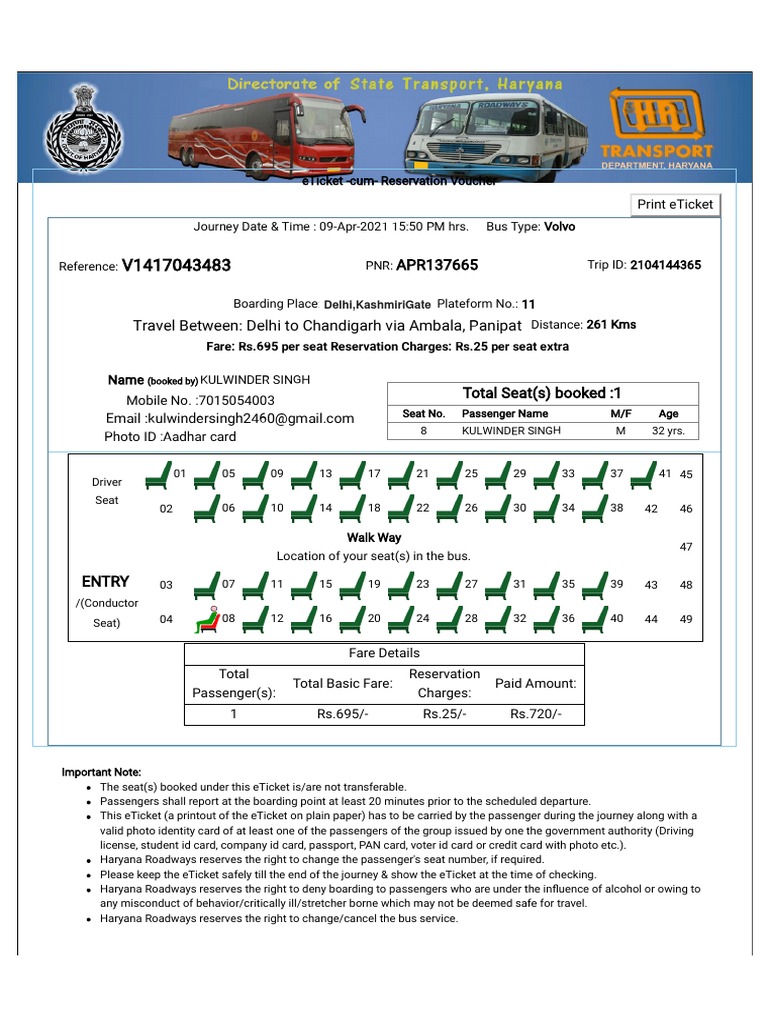 ETicket - ETicketing - Haryana Roadways | PDF | Ticket (Admission ...