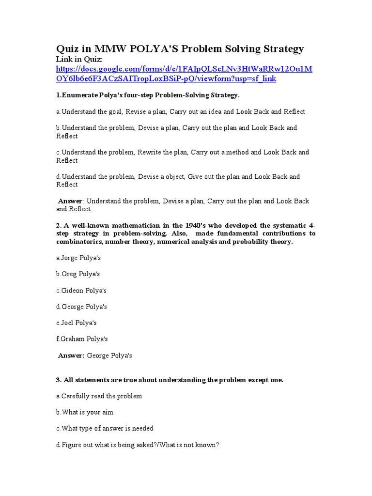 Quiz in MMW POLYAS Problem Solving Strategy | PDF