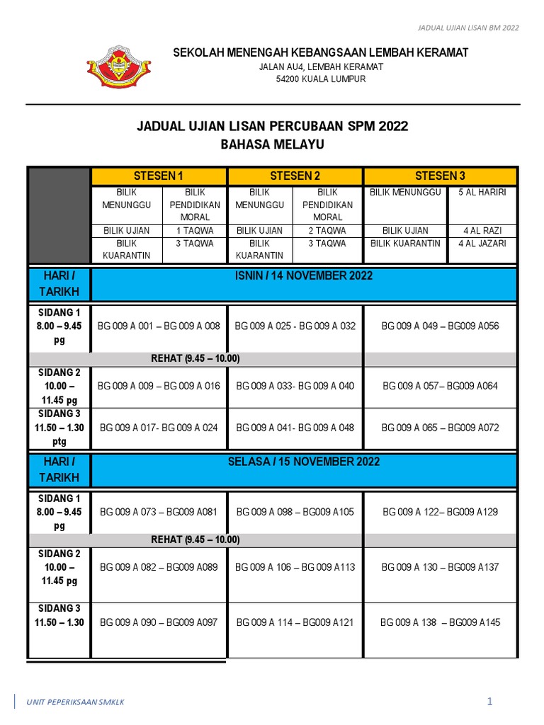 Jadual Ujian Lisan Percubaan SPM 2022 Bahasa Melayu: Sekolah Menengah Kebangsaan Lembah Keramat ...