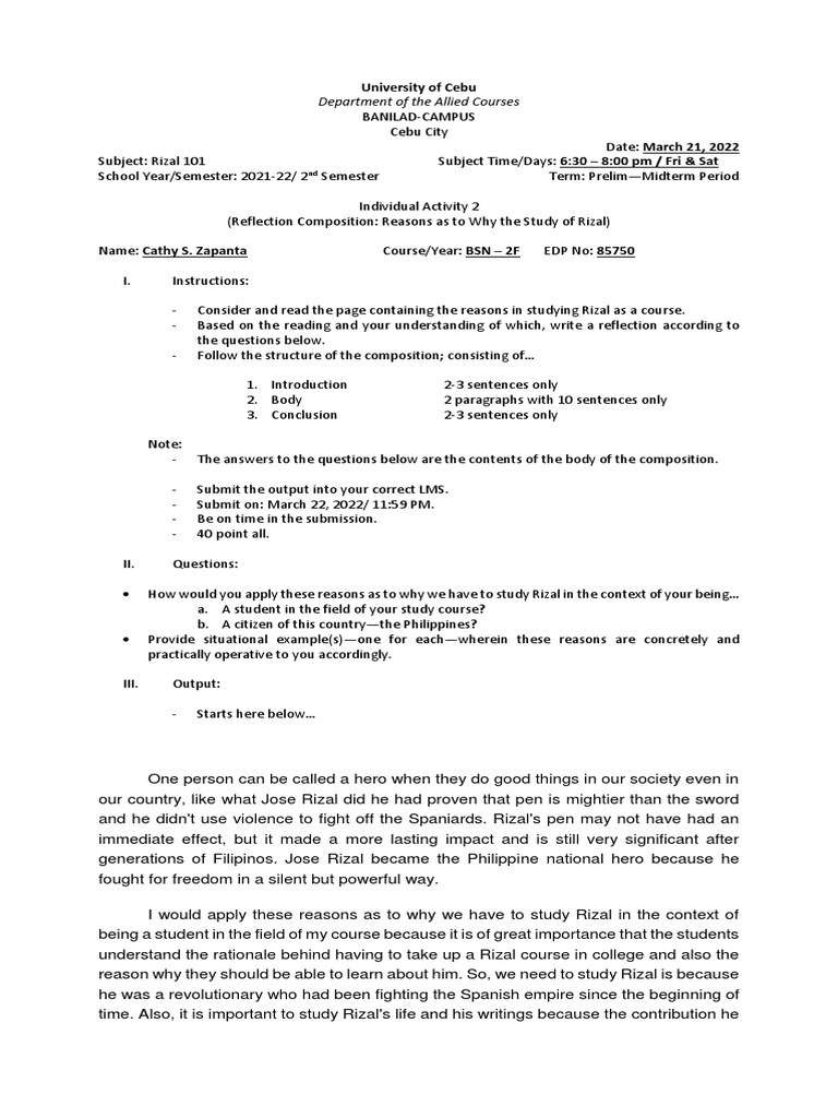 Individual Activity 2 - Reflection Composition - Reasons As To Why The Study of Rizal - Cathy S ...