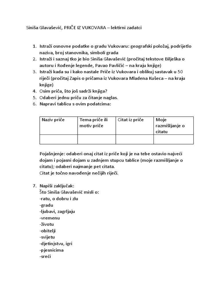 Priče Iz Vukovara, Glavašević - Lektirni Zadatci | PDF