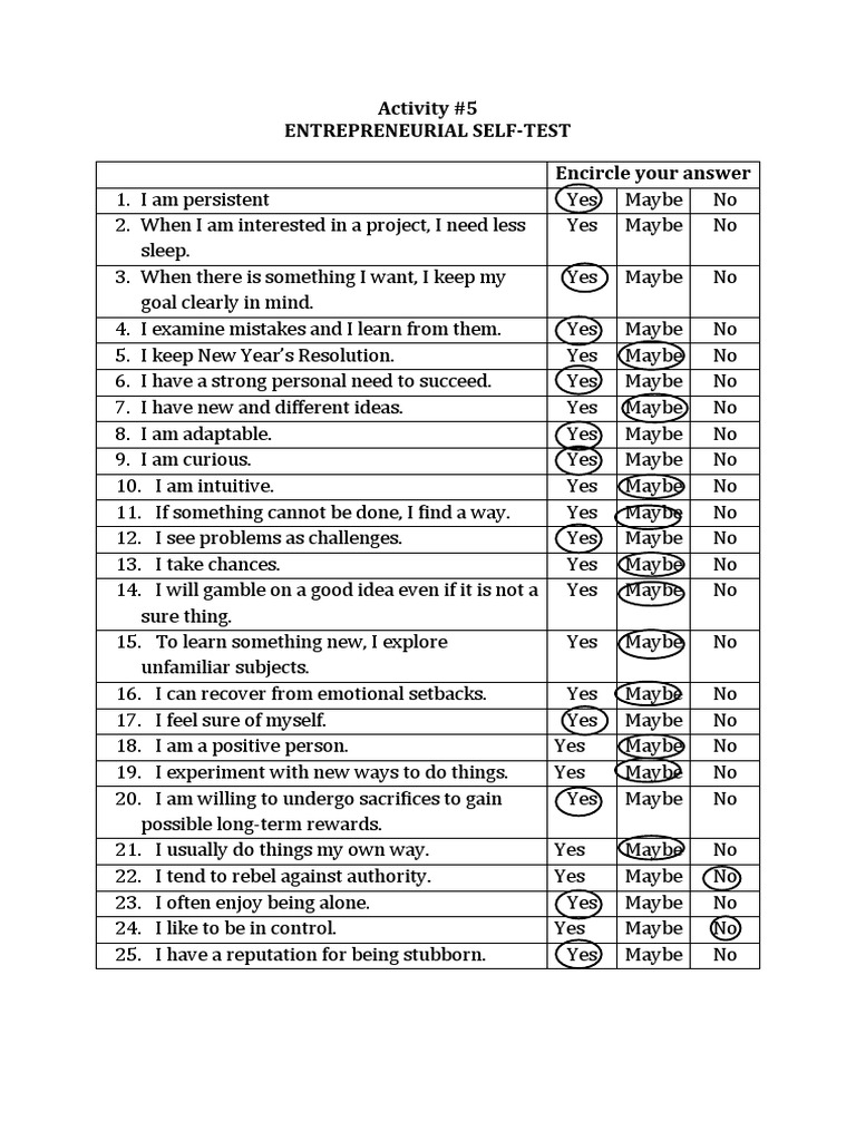 Entrepreneurial Self Test | PDF | Entrepreneurship | Metaphysics Of Mind