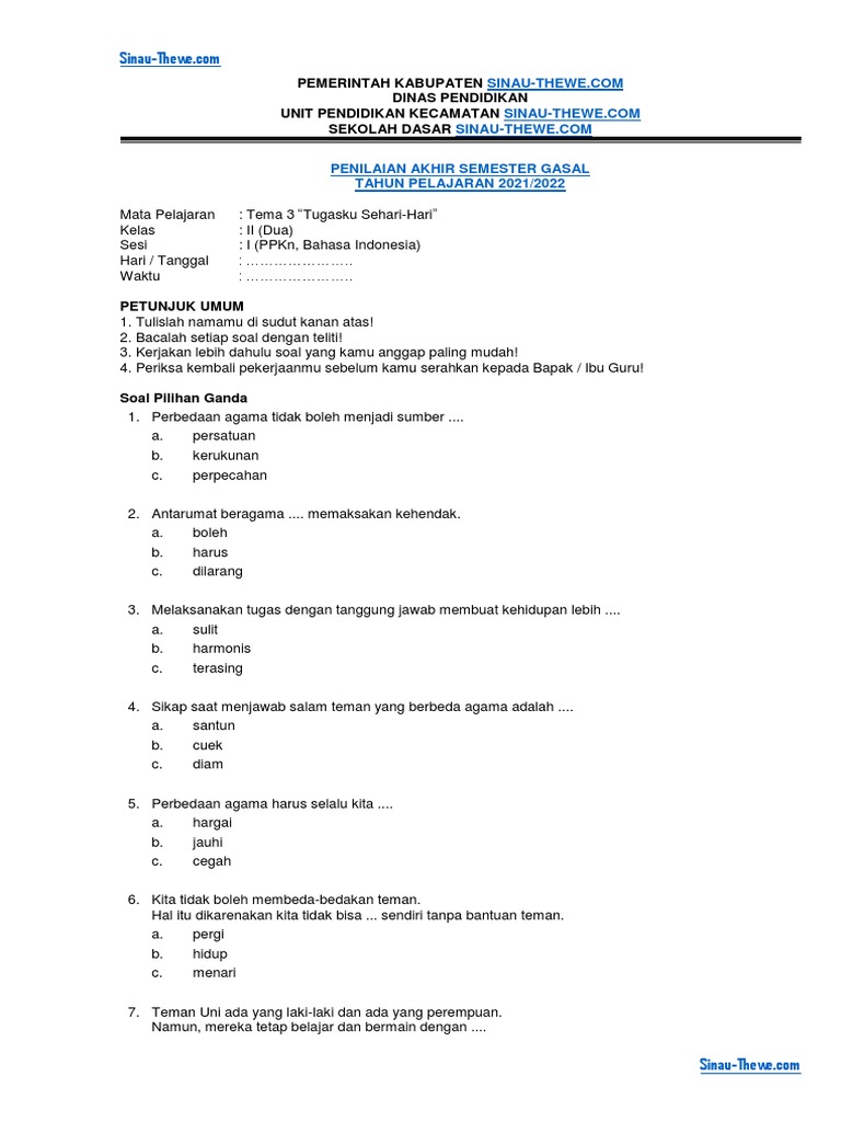 Soal & Jawaban PAS Semester 1 Kelas 2 Tema 3 | PDF