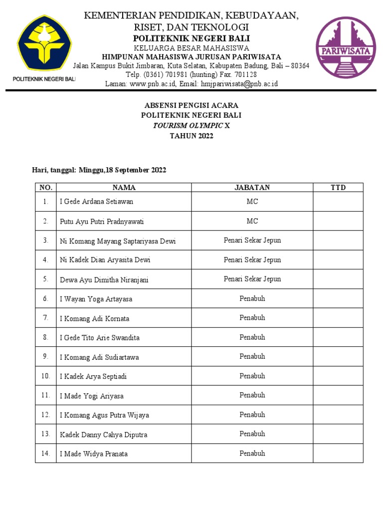 Absensi Pengisi Acara Pembukaan | PDF