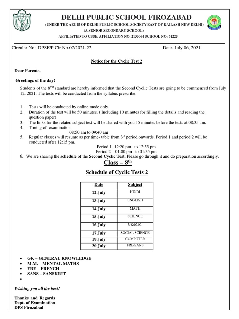 Delhi Public School Firozabad: Class - 8 | PDF