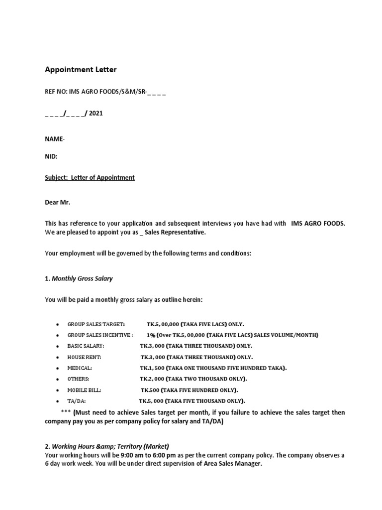 Sales Representative Appointment Letter | PDF | Salary | Contractual Term