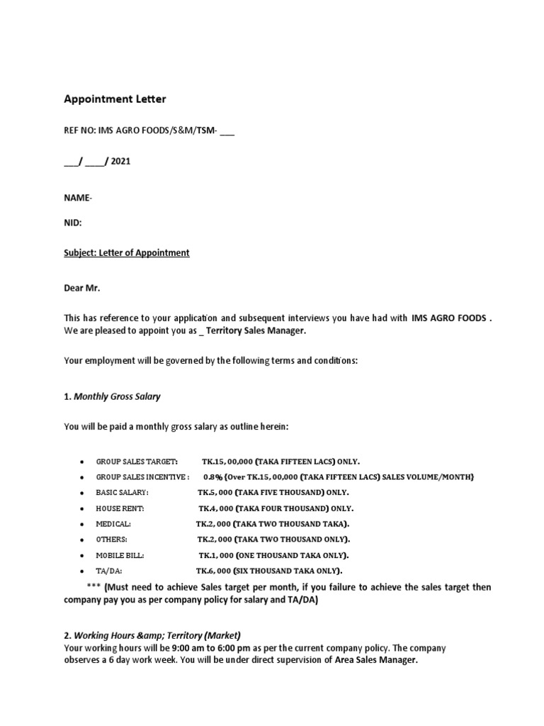 TSM-00_Appointment letter | PDF | Salary | Private Law