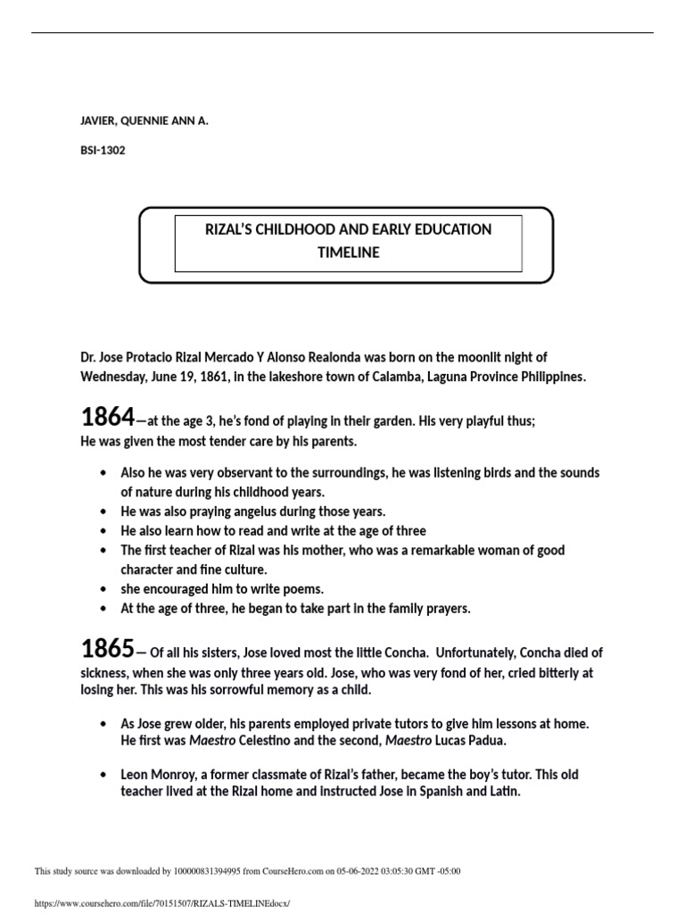 Rizal S Timeline | PDF | Philippines