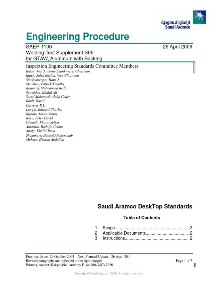 SAEP-1106 - Welding Test Supplement S06 For GTAW, Aluminum With Backing ...