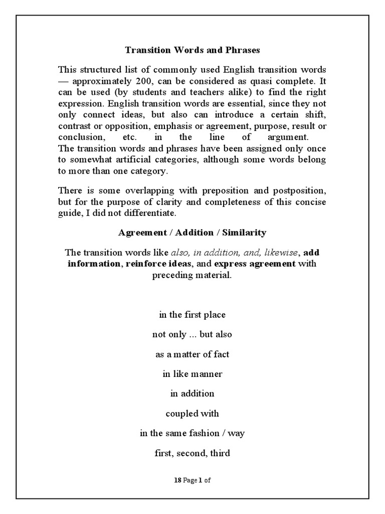 Transition Words and Phrases | PDF | Reason | English Language