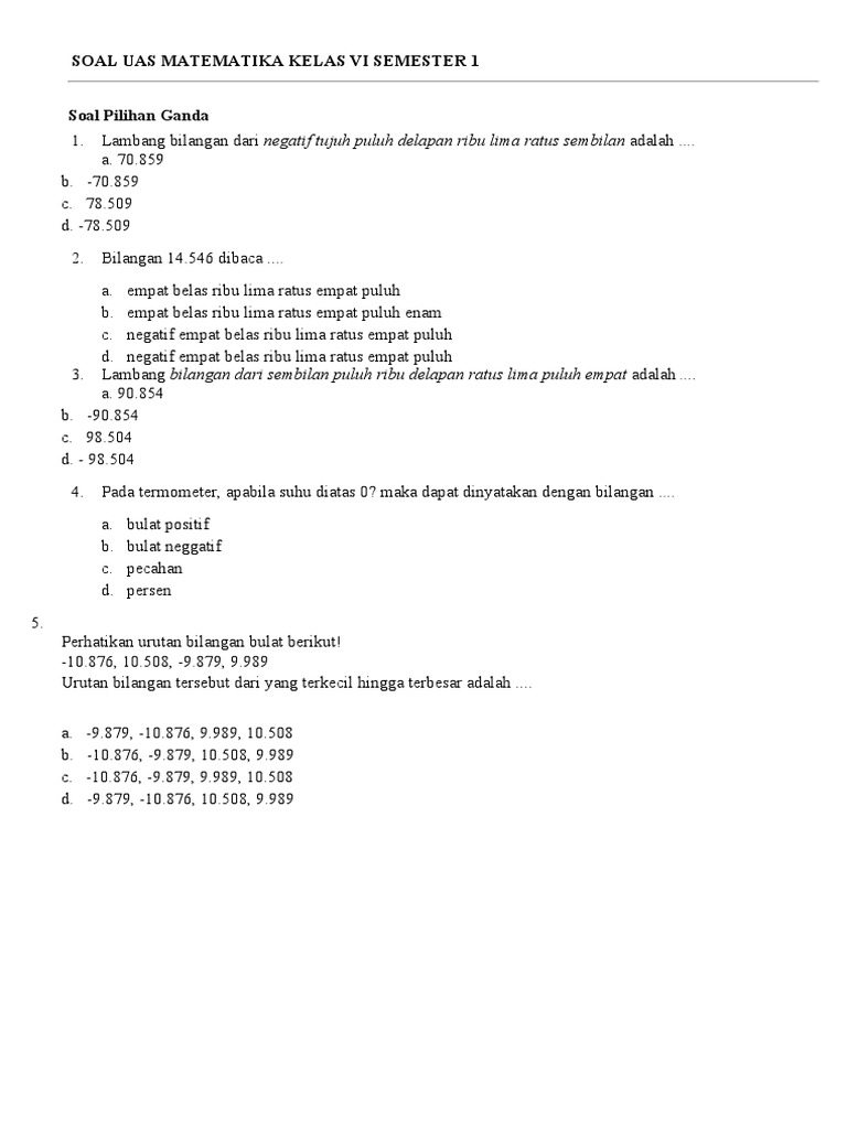 Soal UAS Matematika Kelas VI | PDF