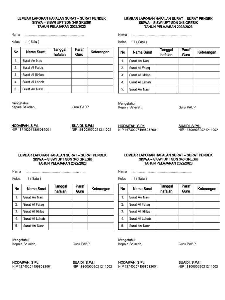 Lembar Laporan Hafalan Surat-Surat Pendek | PDF