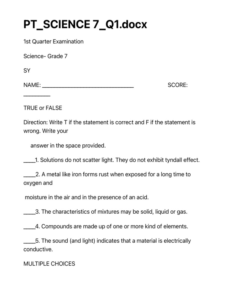 PT - Science 7 - Q1 | PDF | Chemical Substances | Oxide