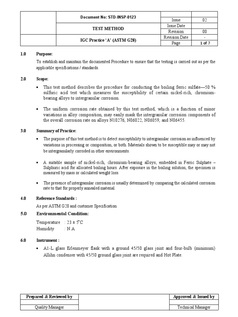 STD-INSP-0123 IGC Practice - A - (ASTM G28) | PDF | Corrosion | Sulfuric Acid