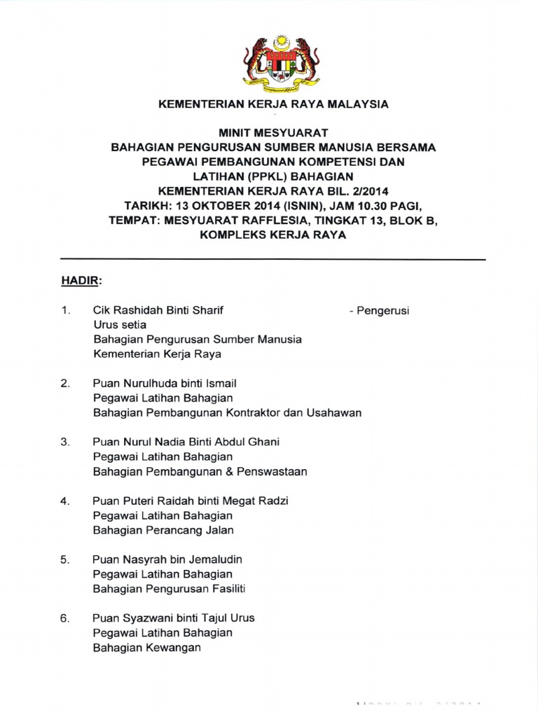 Minit Mesyuarat BPSM Bersama PPKL Bahagian Bil 2 Tahun 2014 | PDF