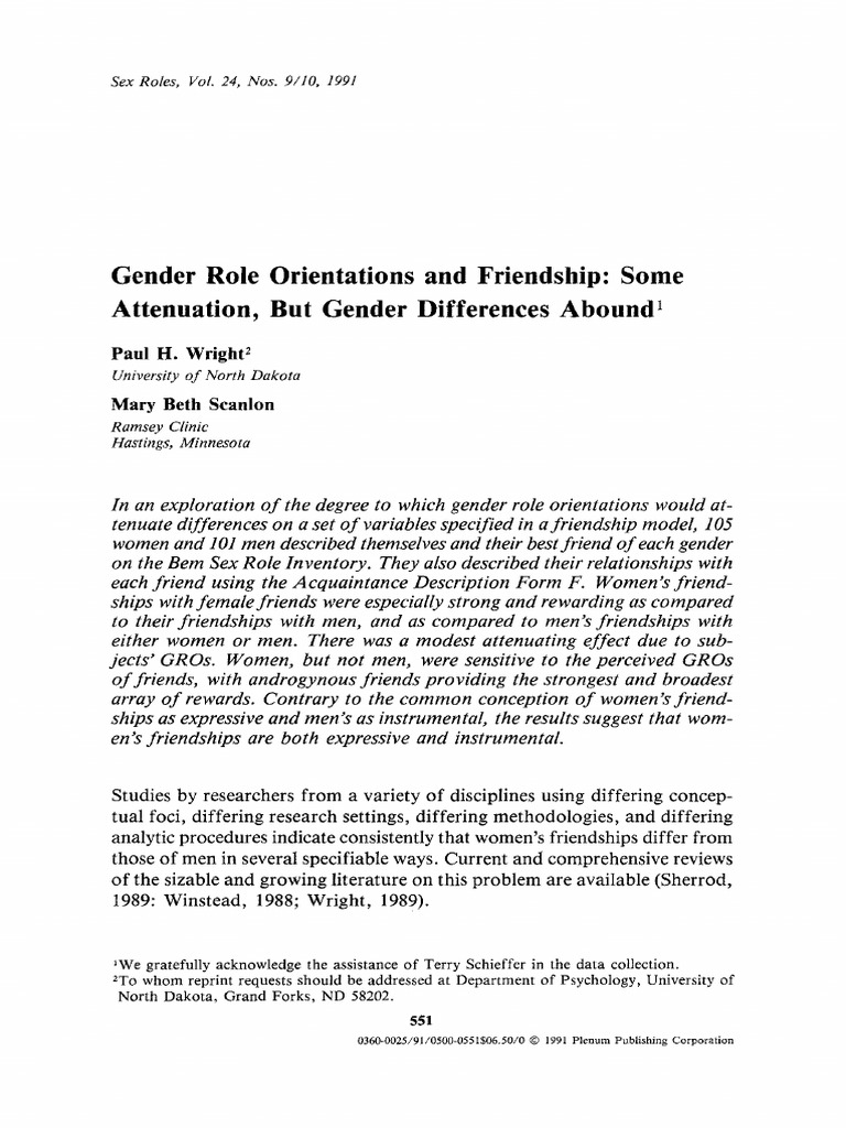 Gender Role Orientations and Friendship-Some Attenuation, But Gender ...