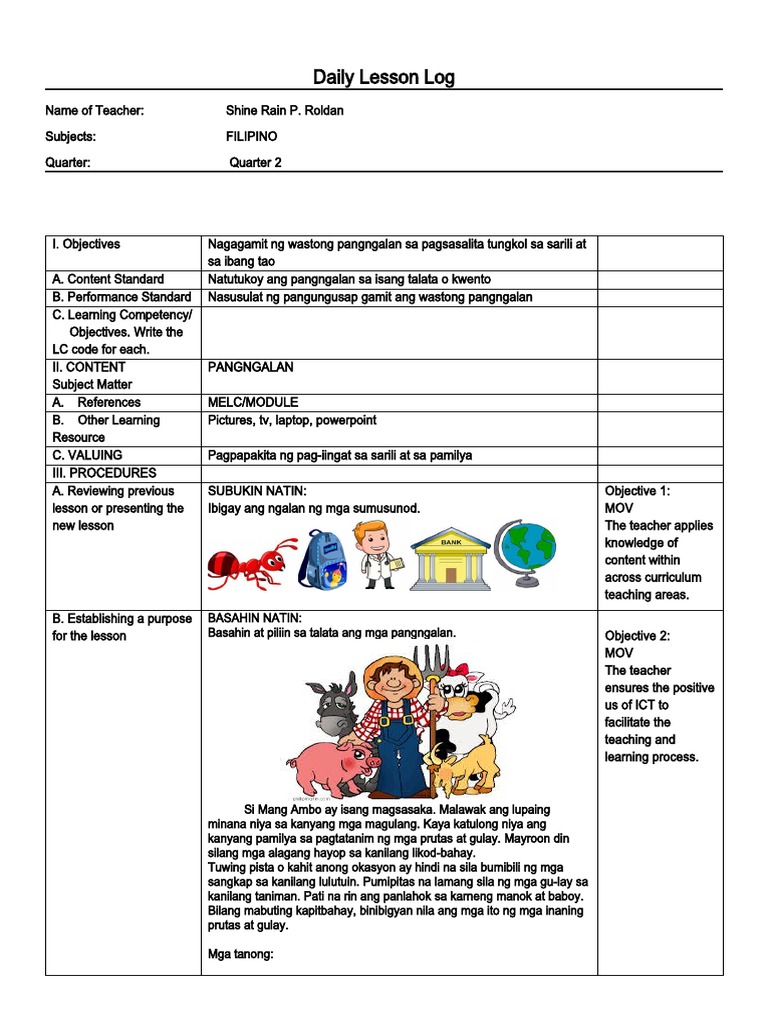 Daily Lesson Log: Pangngalan in Filipino | PDF