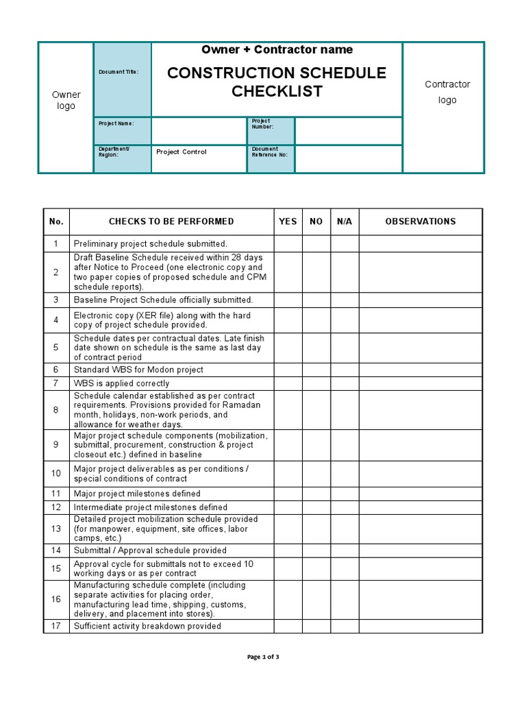 001 - Standard Baseline Review Checklist (Consultant To Contractor) | PDF