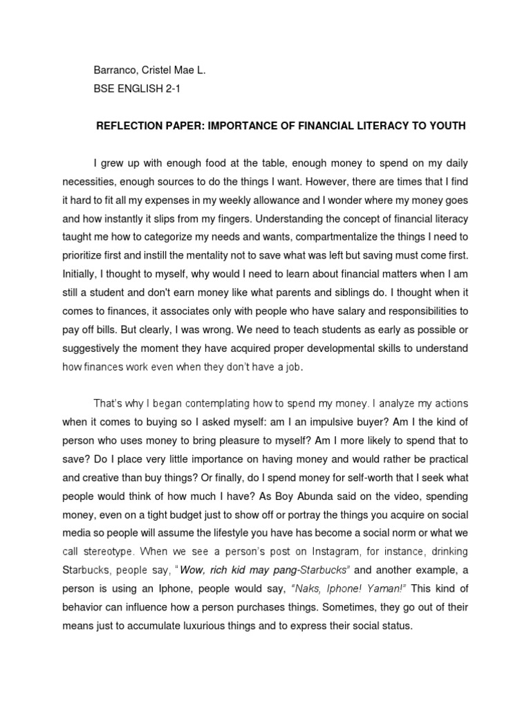Youth Financial Literacy Reflection | PDF | Literacy | Financial Literacy
