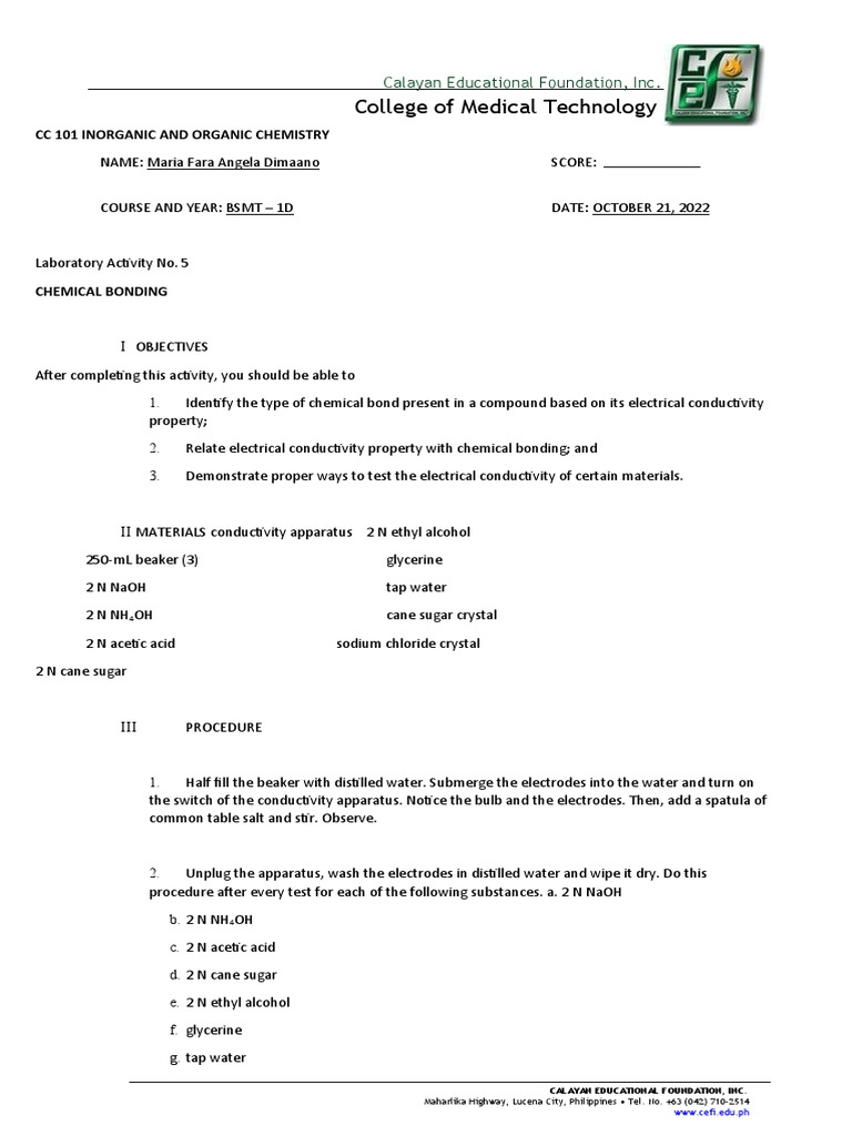 CC 101 INORGANIC AND ORGANIC CHEMISTRY dIMAANO 5 | PDF | Chemical Compounds | Ionic Bonding