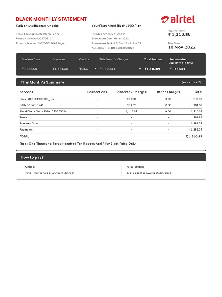 Airtel Internet Bill - Nov2022 | PDF | Credit Card | Debit Card