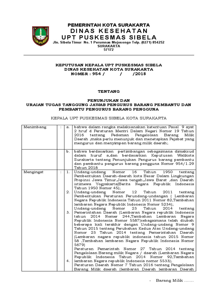 Tugas Pengelola Barang Puskesmas Sibela | PDF