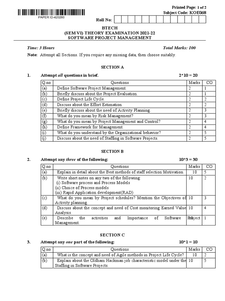 Btech Oe 6 Sem Software Project Management Koe068 2022 | PDF