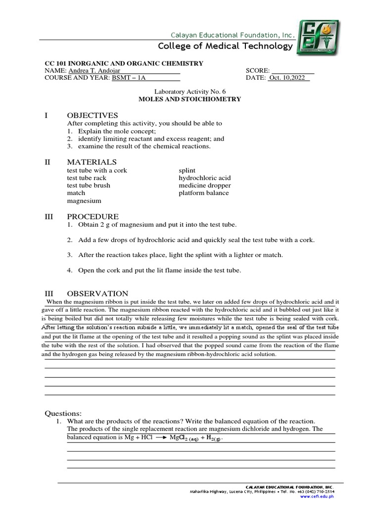 Andojar Andrea BSMT 1a CC 101 Laboratory Activity No.6 | PDF