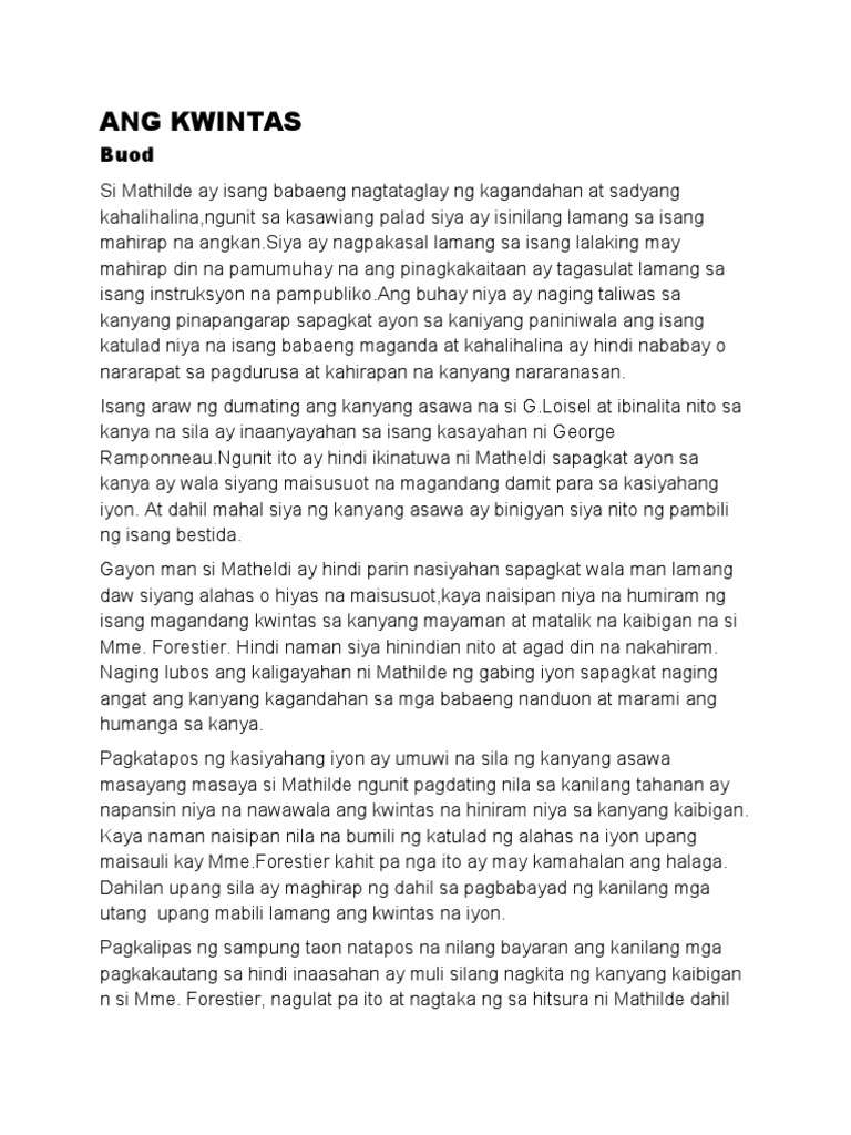 ANG KWINTAS Buod Report | PDF